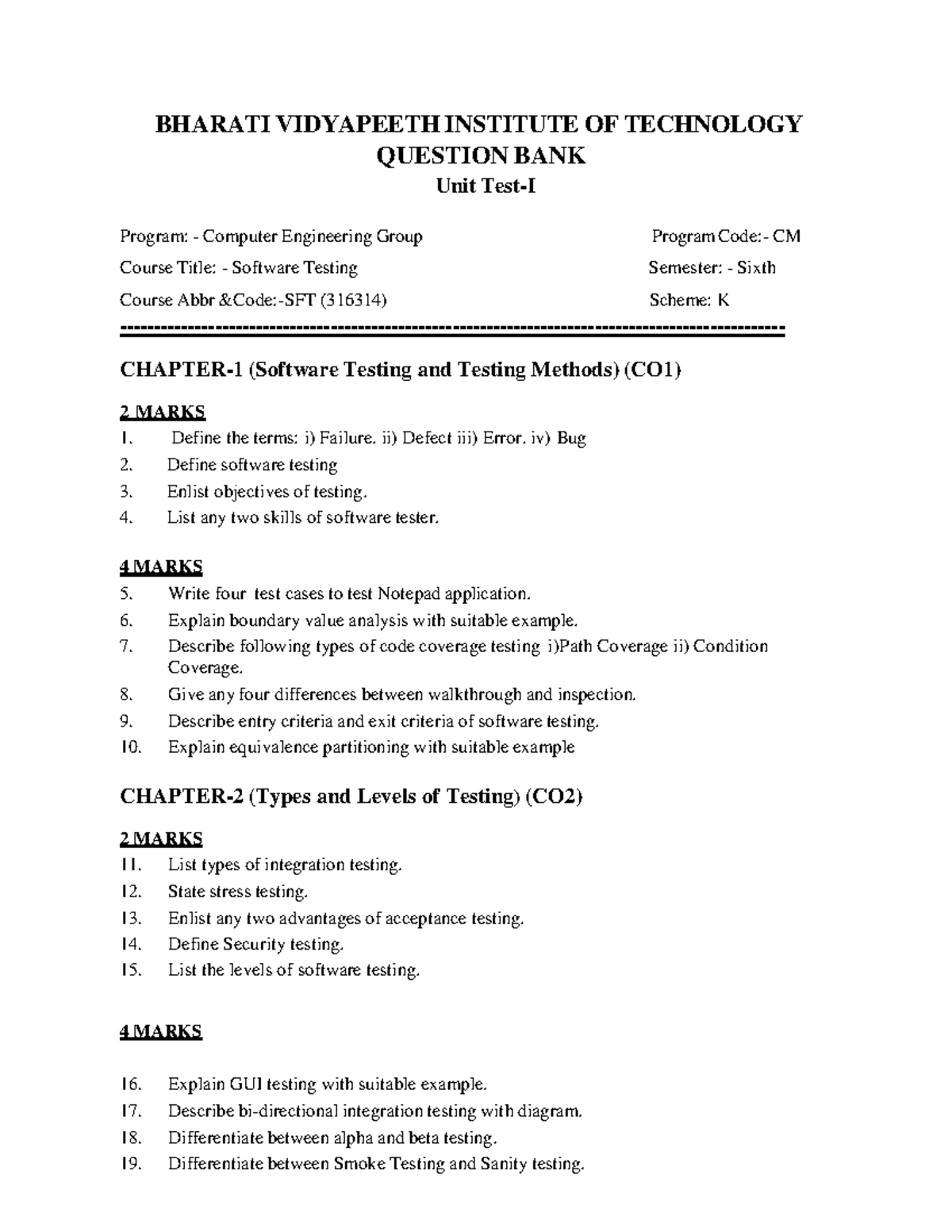 SFT 316314 Question Bank: Software Testing (6th Sem) - Studocu