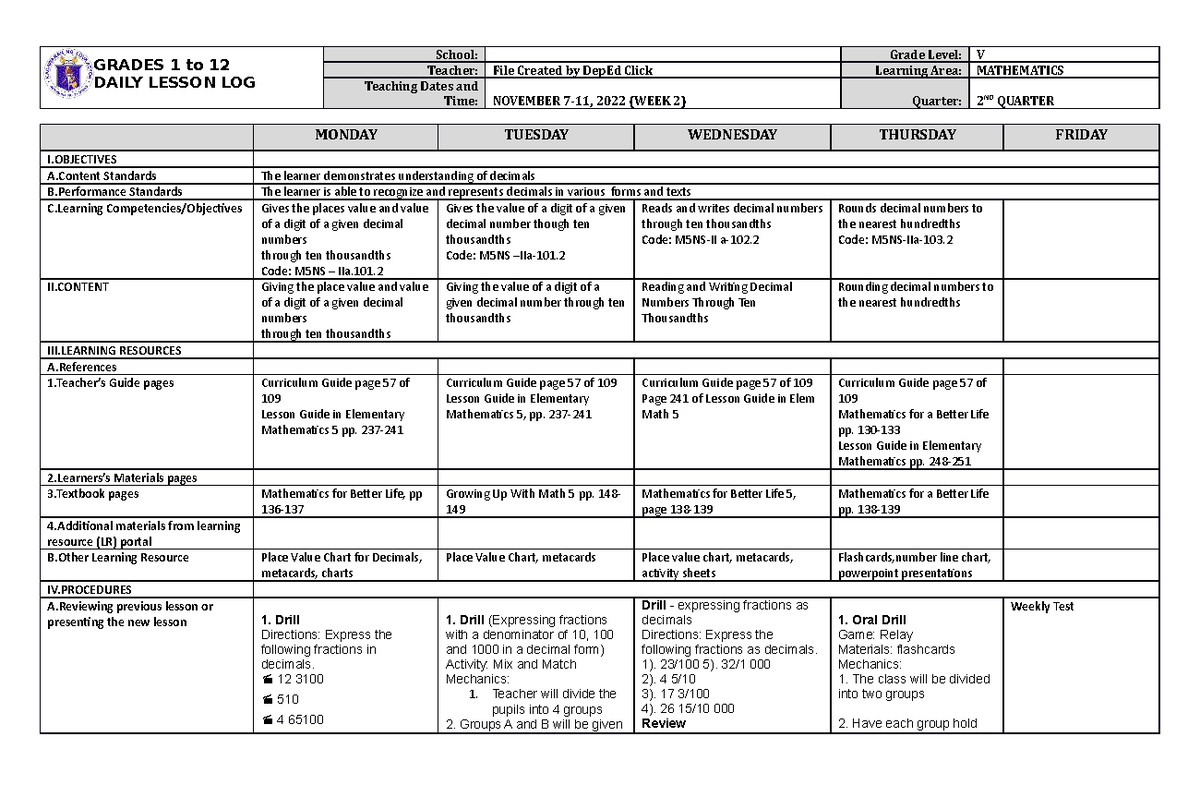 DLL Mathematics 5 Q2 W2 - Lesson Plan on Decimals and Their Values ...