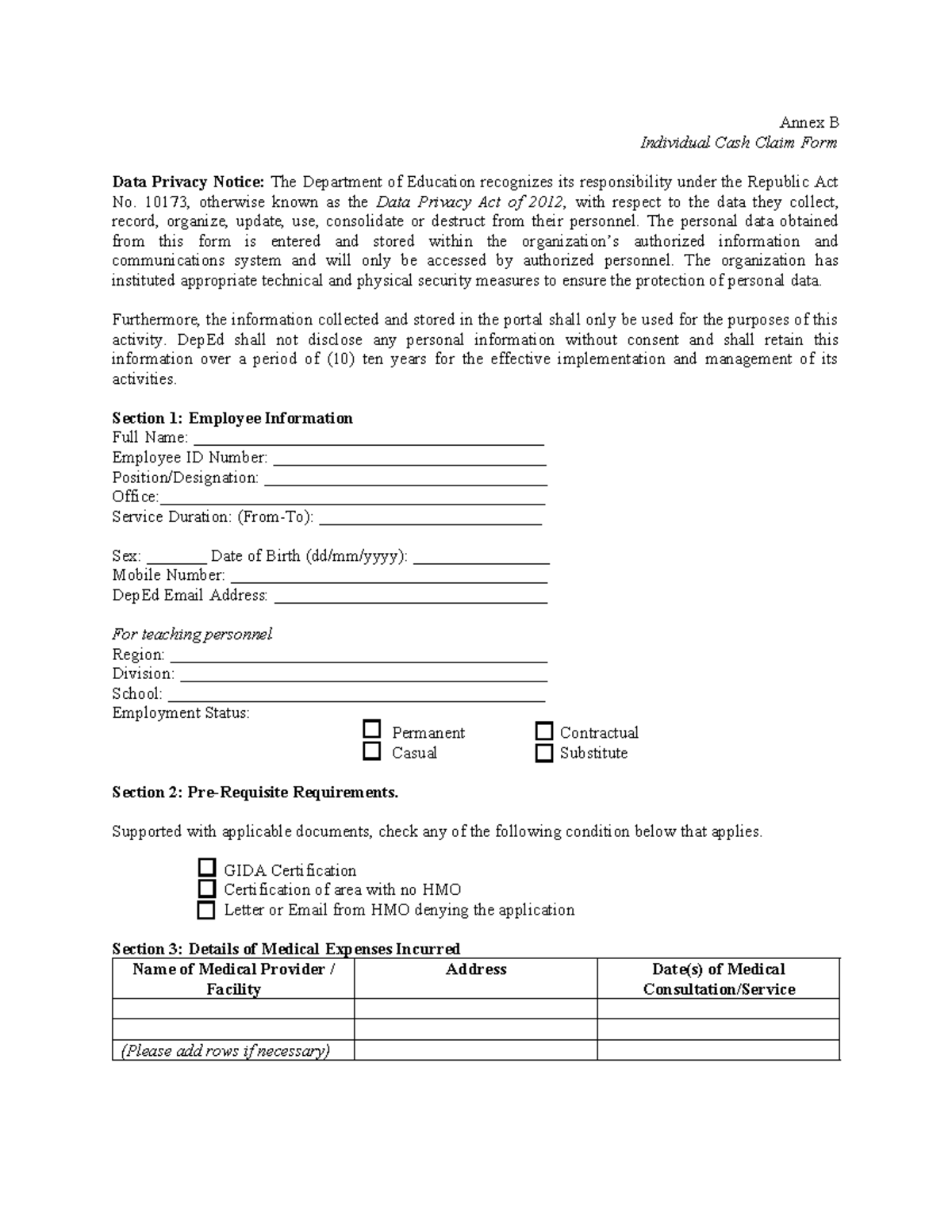 Annex B: Individual Cash Claim Form Data Privacy Notice - Studocu