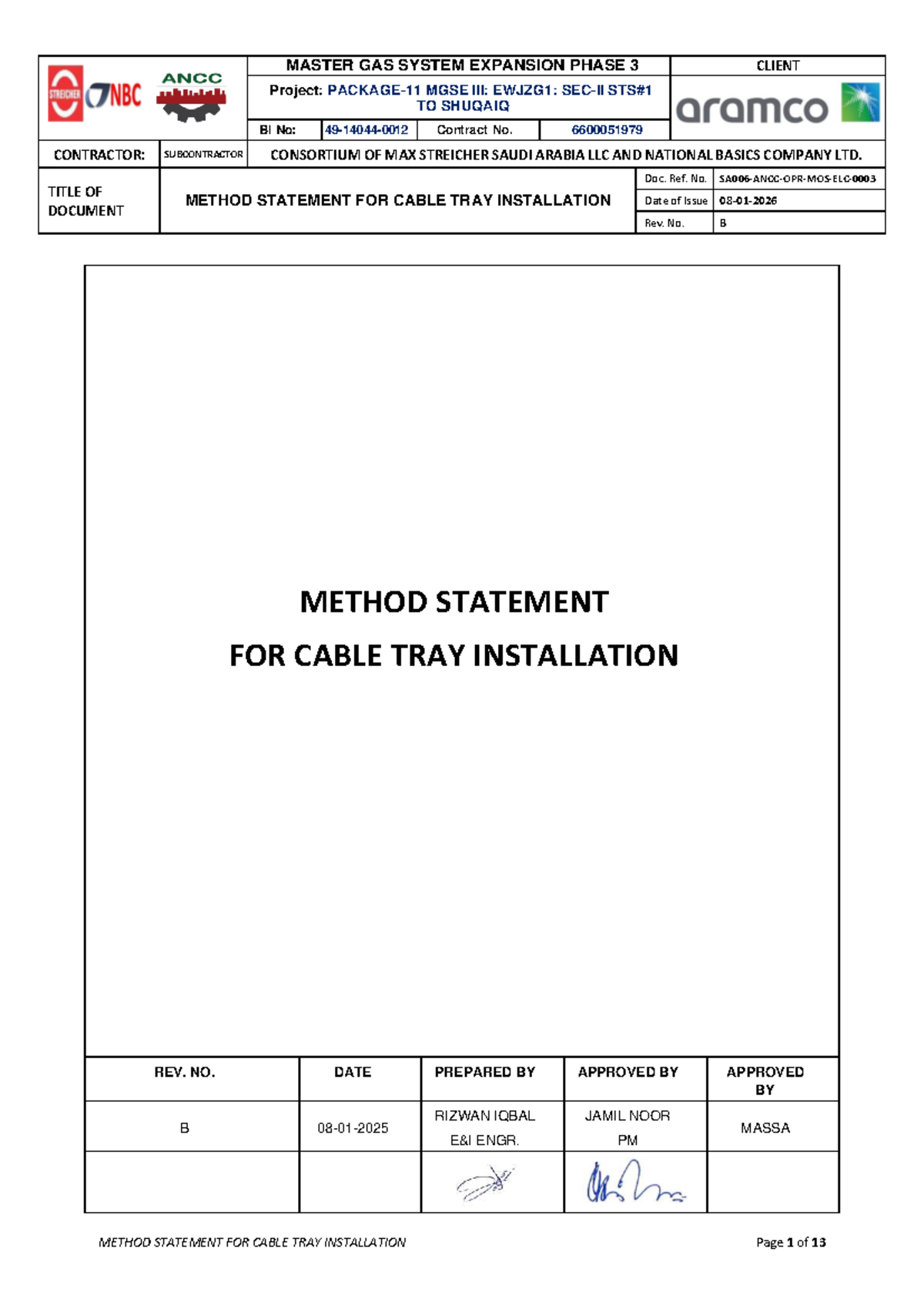Method Statement for Cable Tray Installation - MGSE EWJZG1 - Studocu