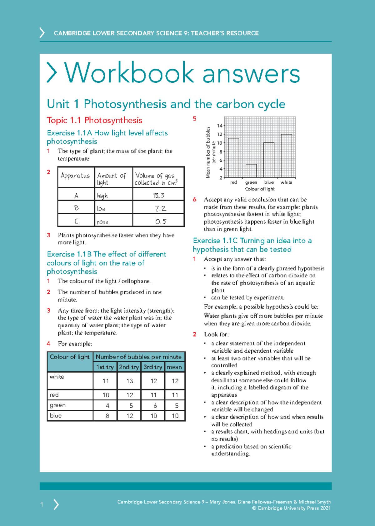 CAMBRIDGE LOWER SECONDARY SCIENCE 9: WORKBOOK ANSWERS UNIT 1 ...