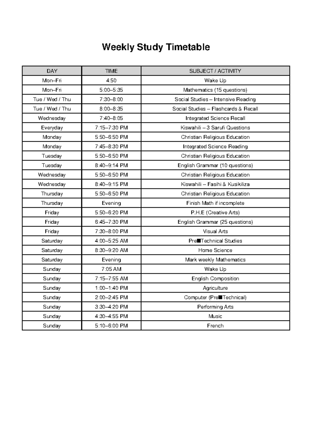 Weekly Study Timetable for Effective Learning Strategies - Studocu