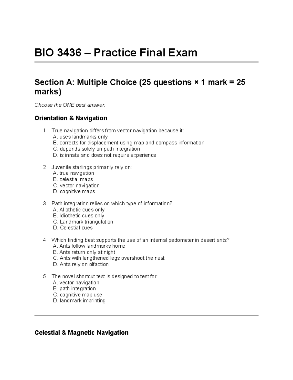 BIO 3436 Practice Final Exam: Navigation and Sexual Selection Concepts ...