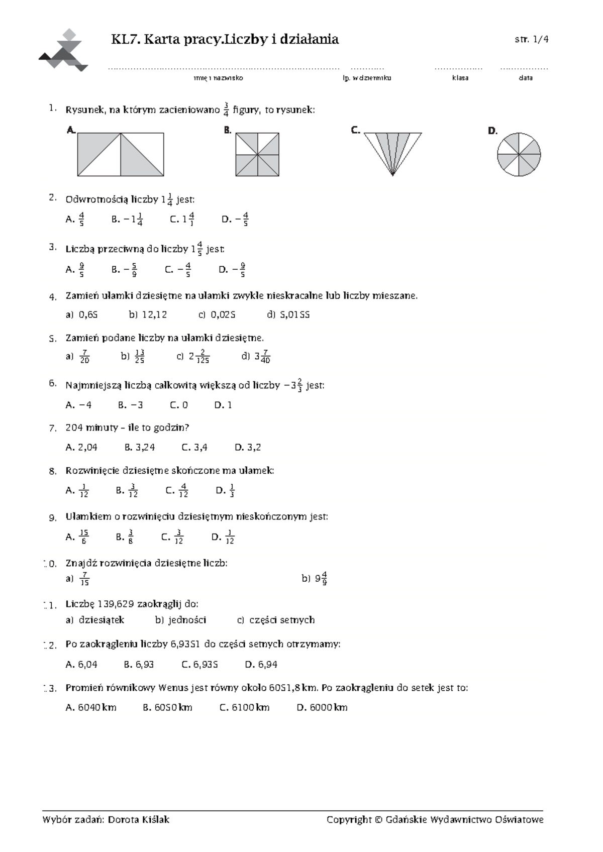 KL7 - Karta Pracy o Liczbach i Działaniach Matematycznych - Studocu