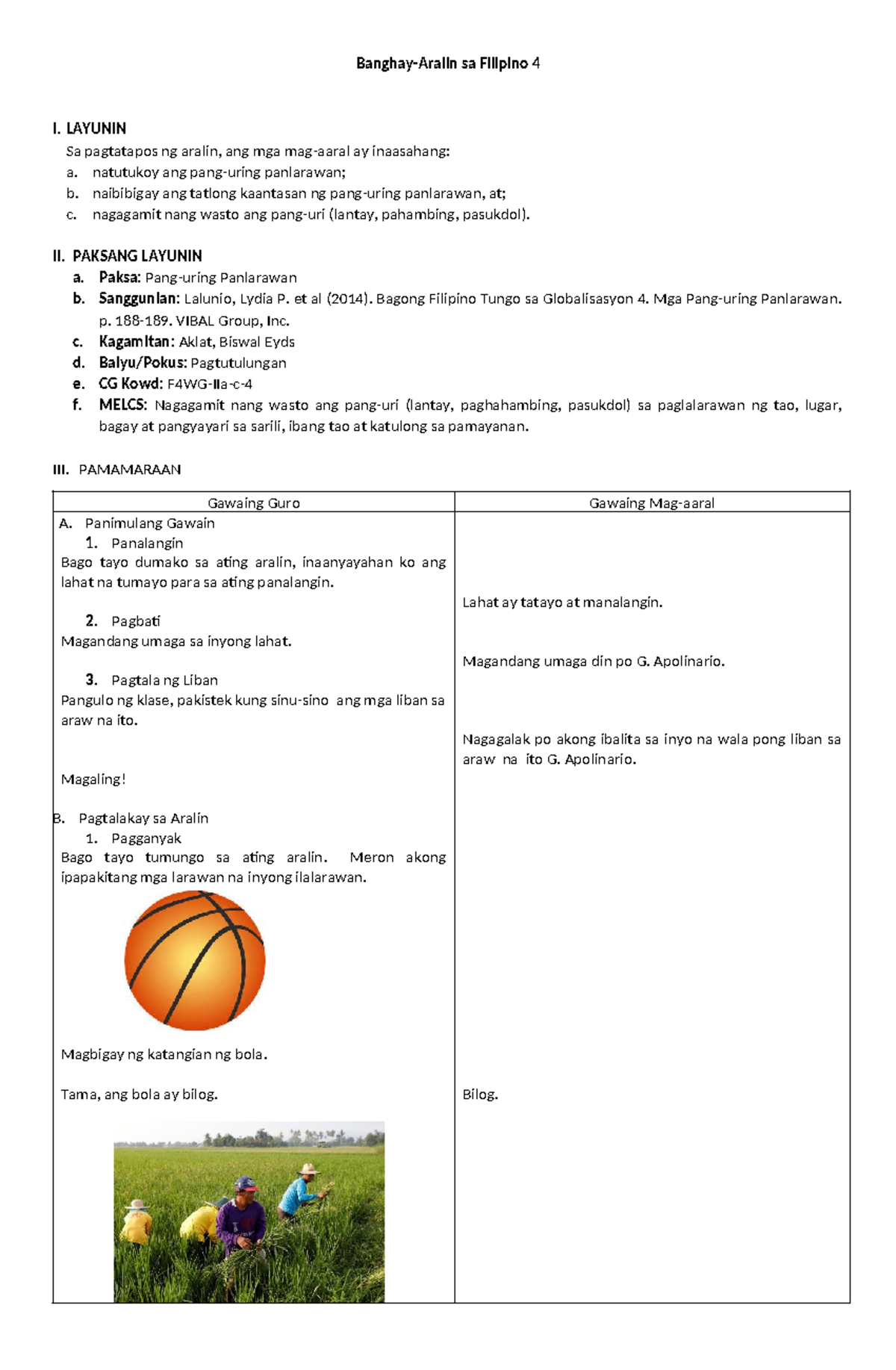 Banghay Aralin sa Filipino 4: Kaantasan ng Panlarawan - Studocu