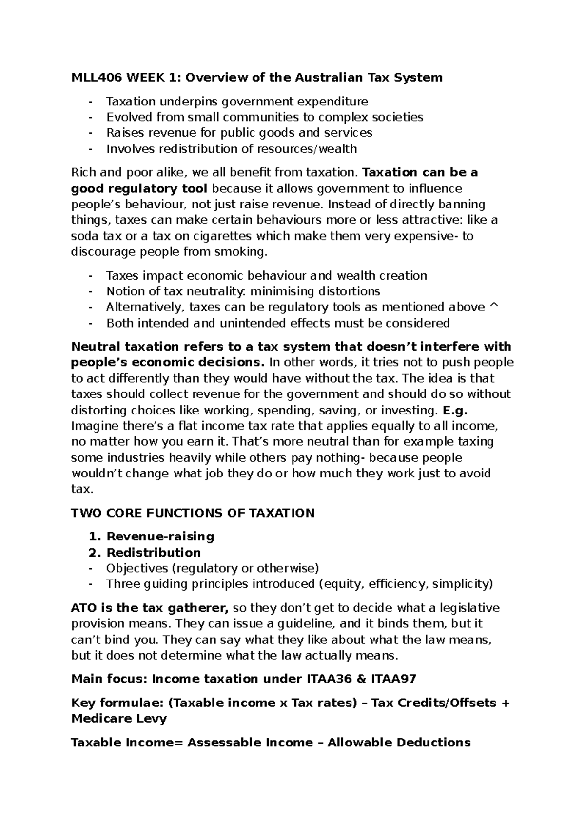 MLL406 WEEK 1: Overview of the Australian Tax System and Key Principles ...