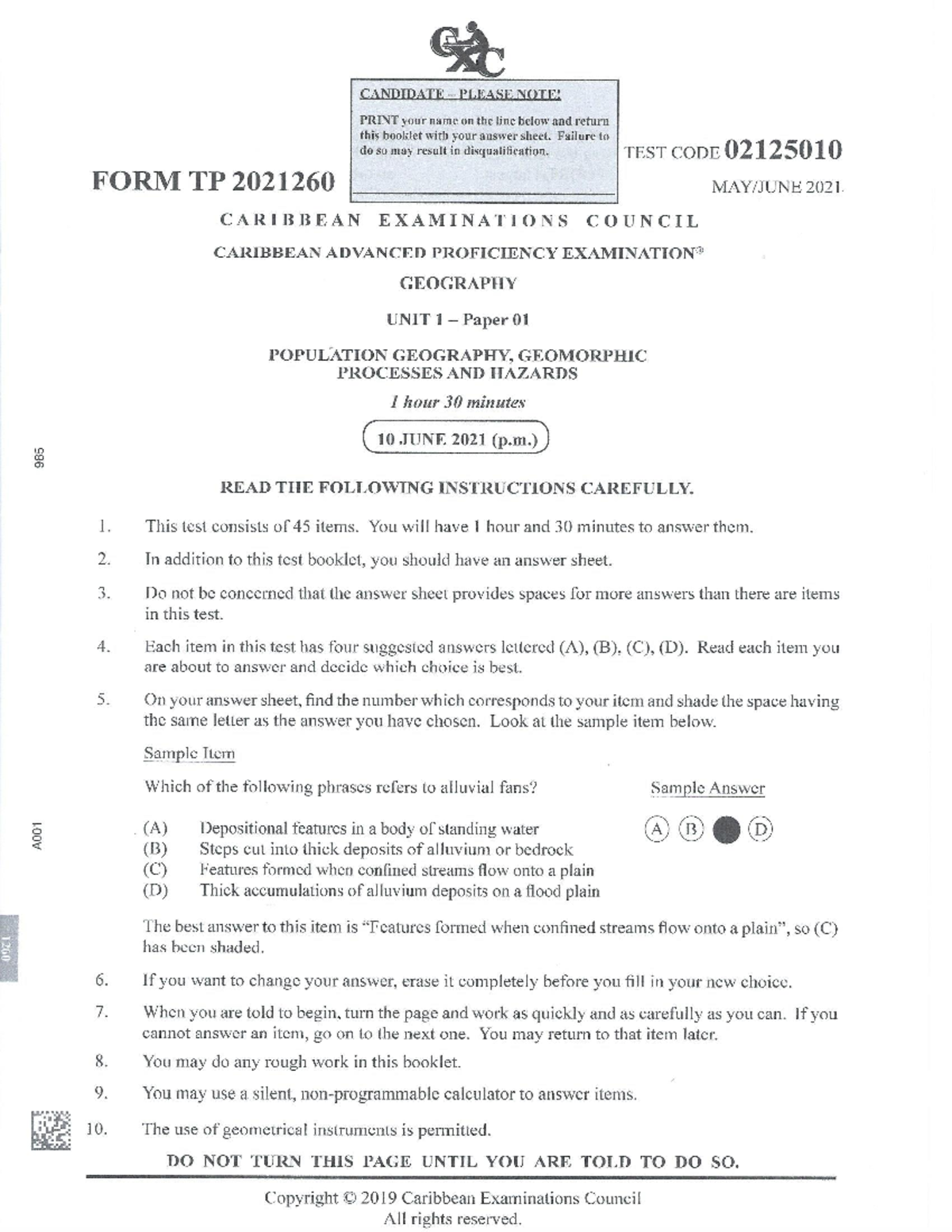CAPE Geography Unit 1 Paper 01: Population & Geomorphic Processes 2021 ...