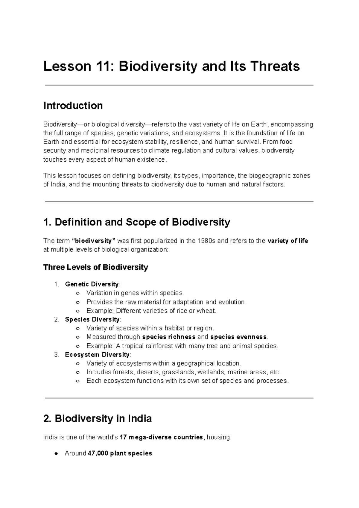 Lesson 11: Biodiversity and Its Threats (EVS101) - Key Concepts and ...