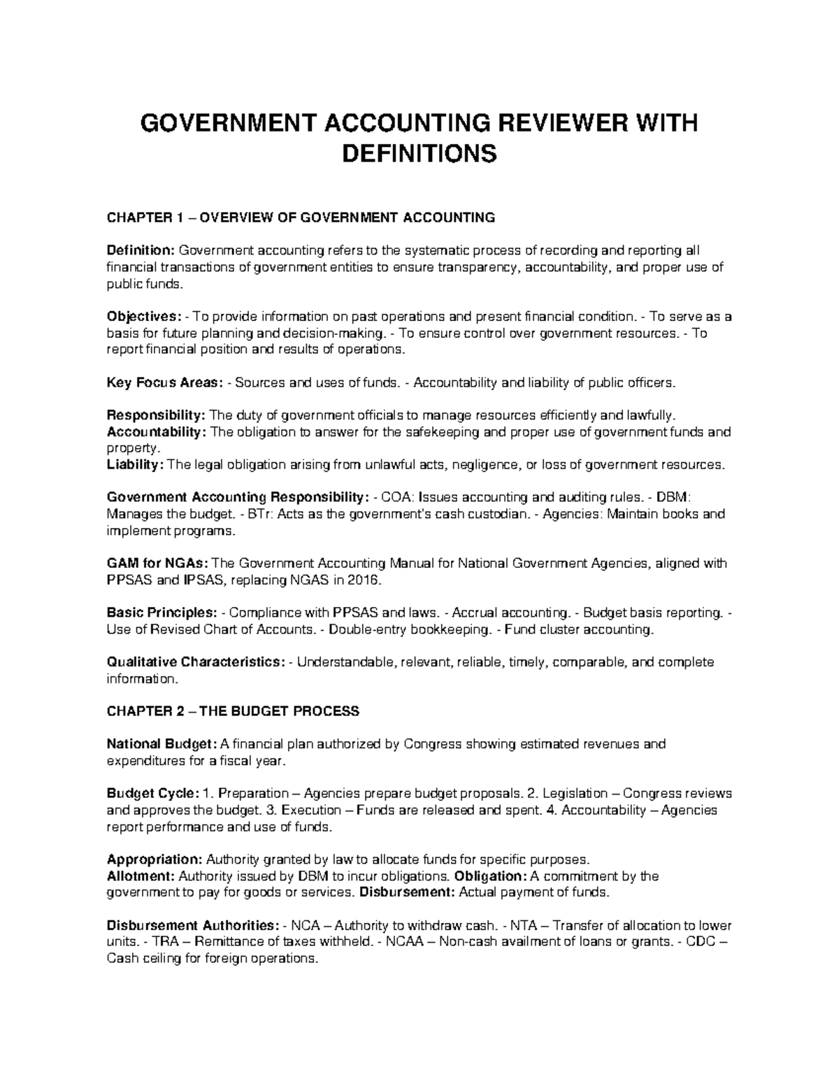 GOVERNMENT ACCOUNTING REVIEWER: CHAPTER 1 & 2 OVERVIEW - Studocu
