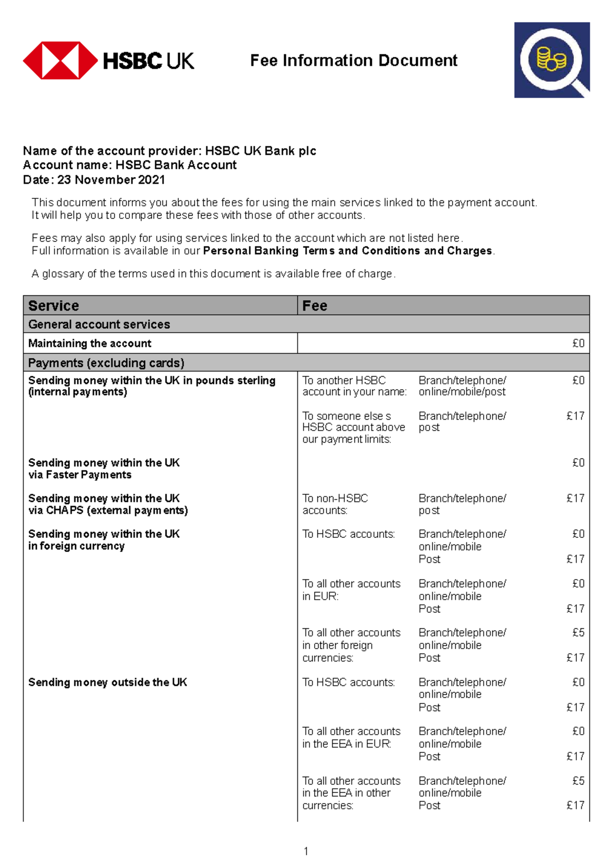 HSBC UK Bank Account Fee Information Document - Studocu