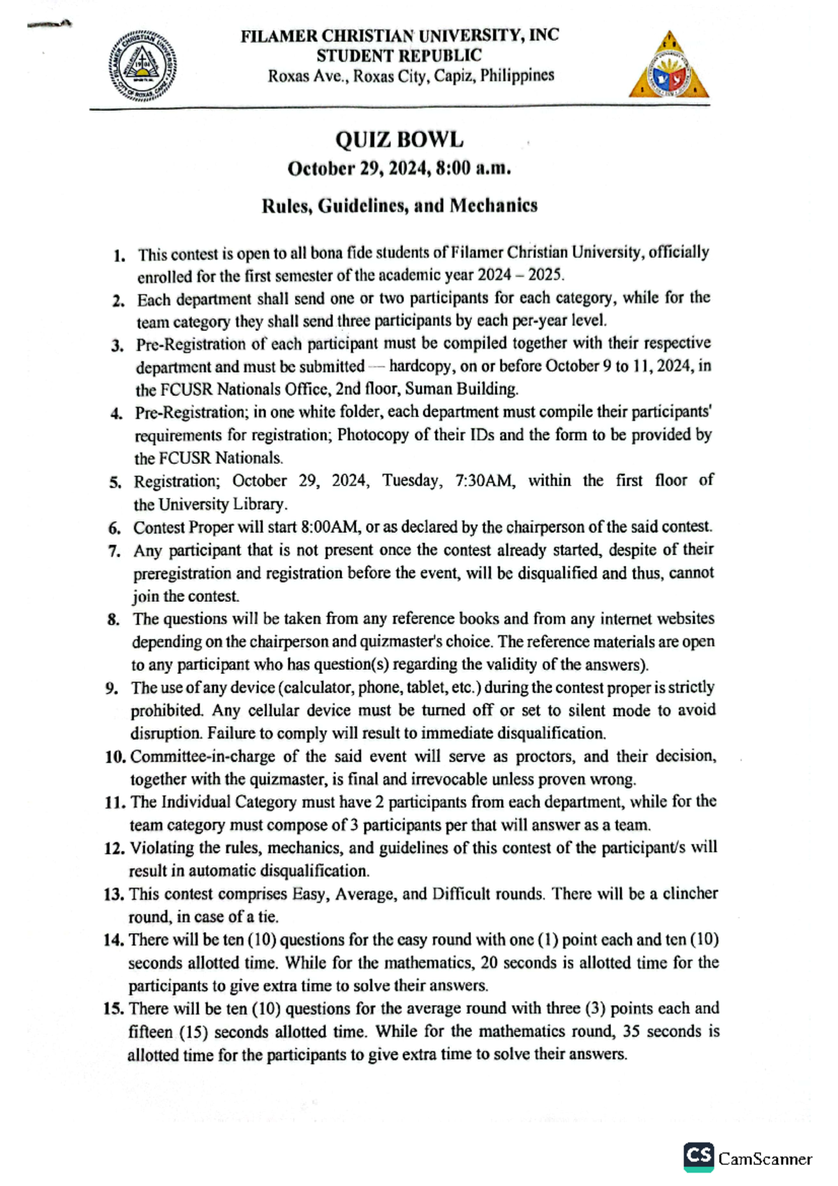 Guidelines - Goodluck - FILAMER CHRISTIAN UNIVERSITY, INC STUDENT REPUBLIC Roxas Ave., Roxas ...