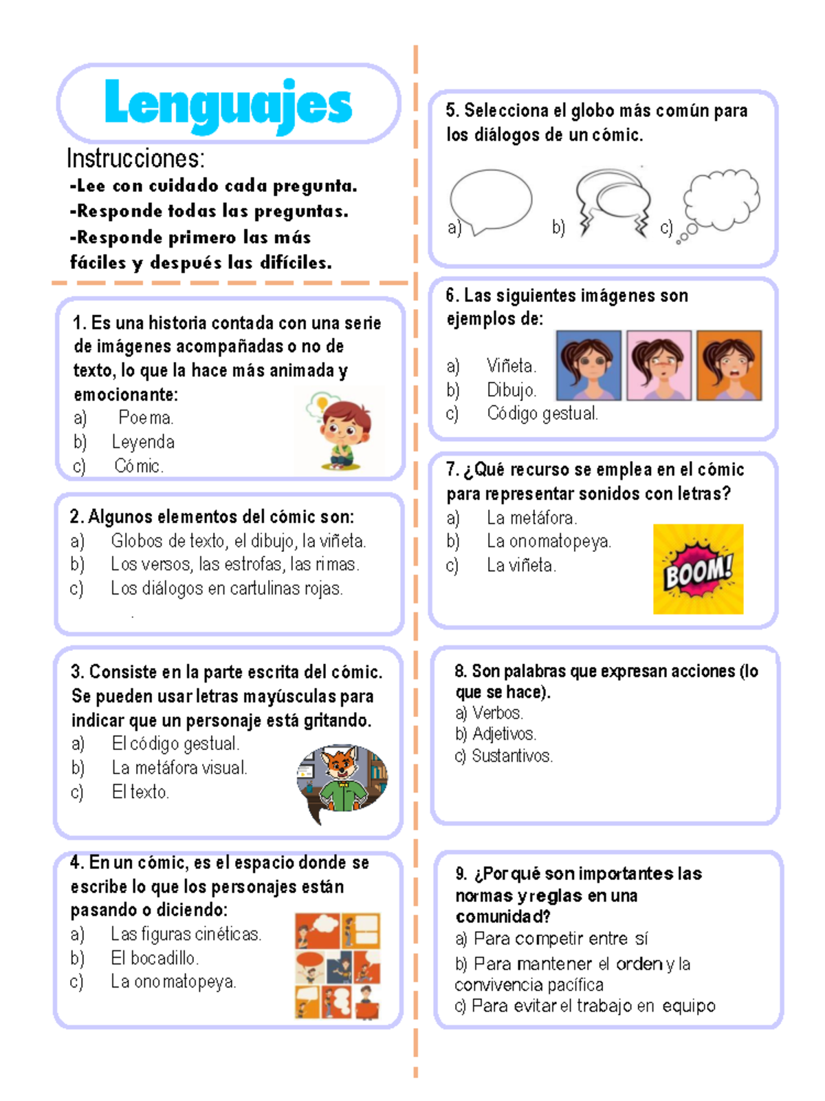 Examen 4° - Lenguajes - Preguntas sobre Cómics y Elementos Visuales ...