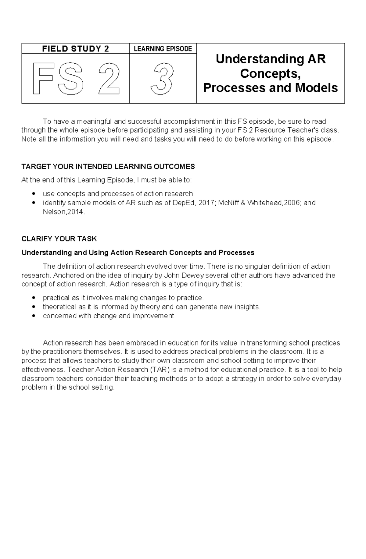 FS2 - Episode 3: Exploring Action Research Concepts and Models - Studocu