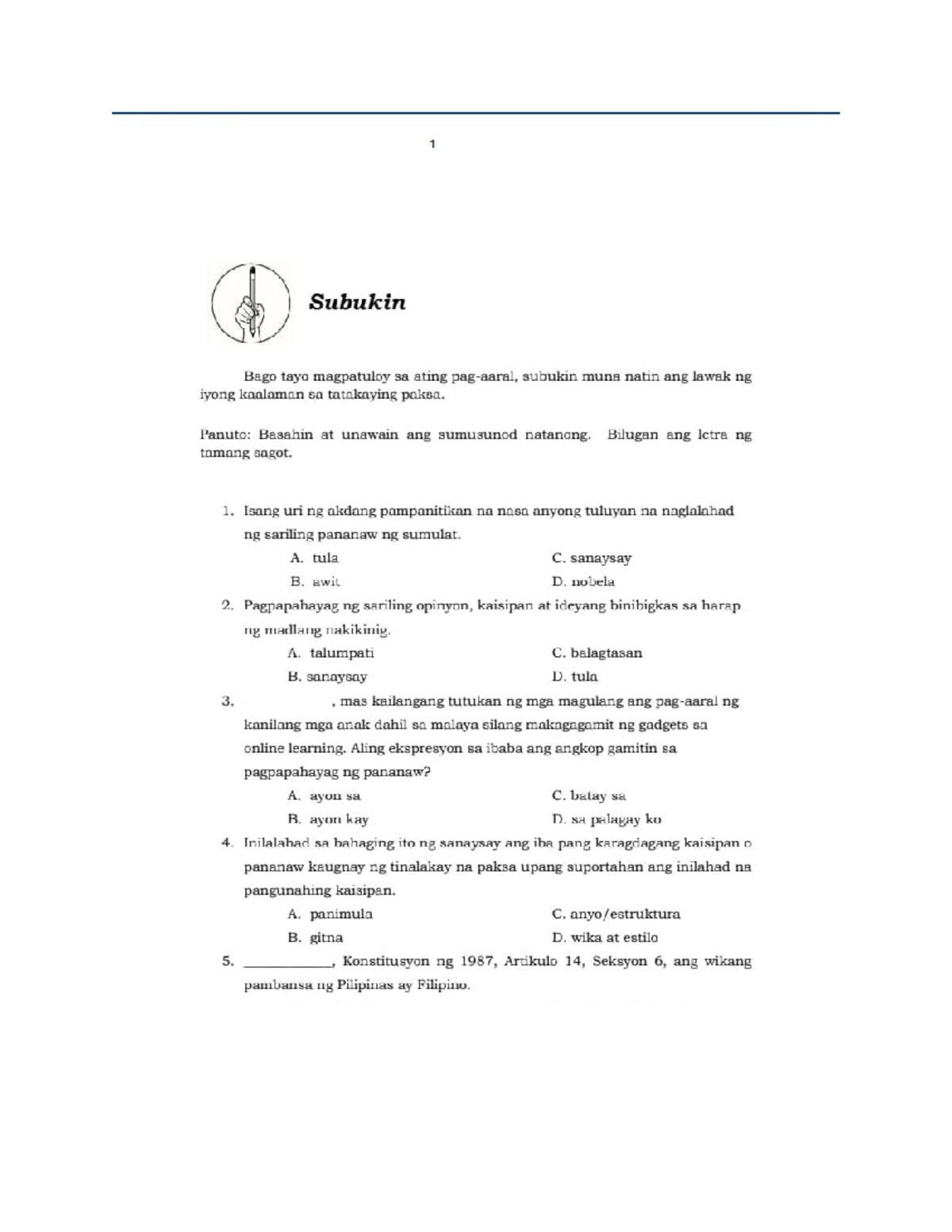 Aralin-2 - ... - 1 Subukin Bago tayo magpatuloy sa ating subukin muna ...