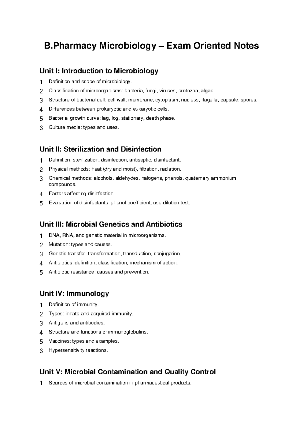 B.Pharmacy Microbiology Exam Notes: Comprehensive Unit Overview - Studocu