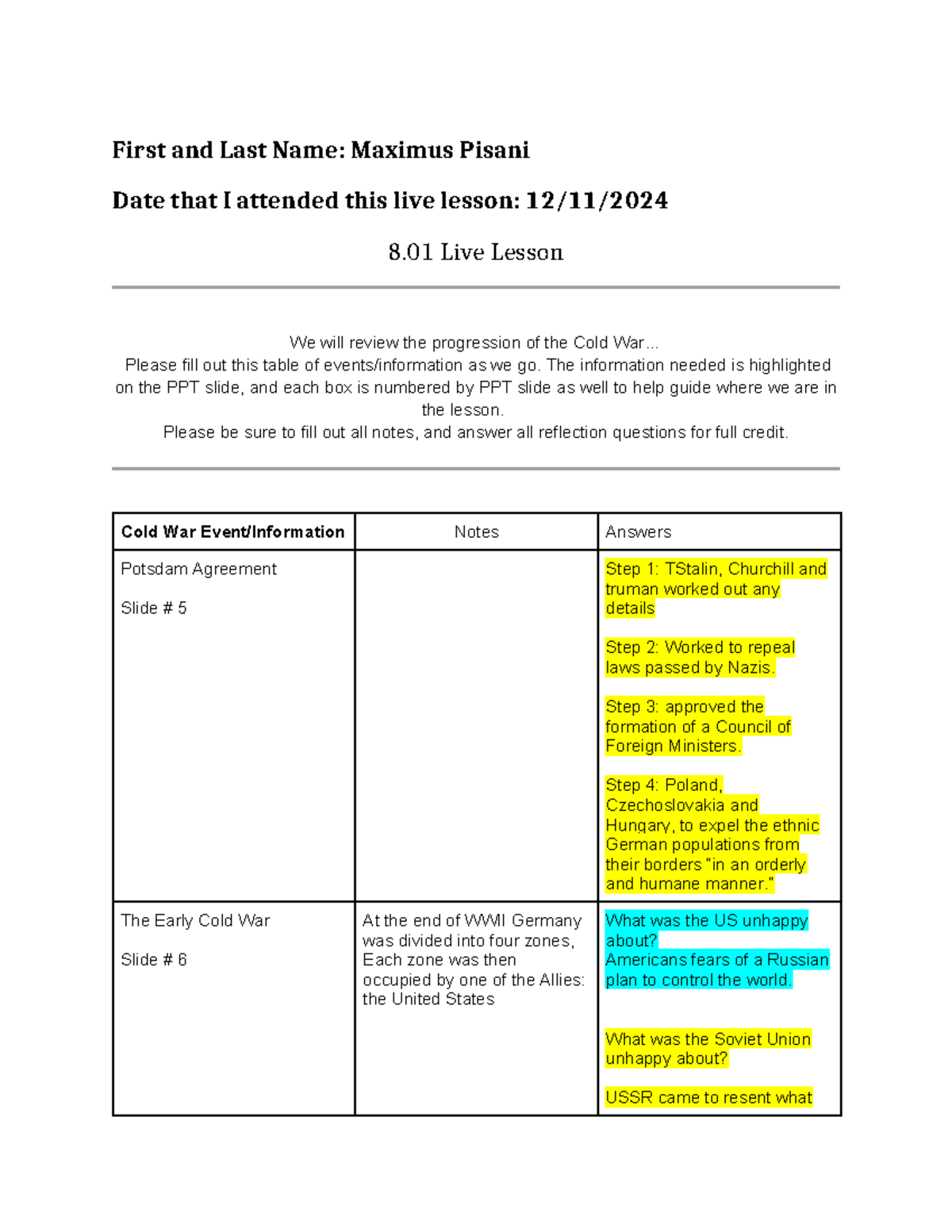 8.01 World History: Cold War Live Lesson Notes & Reflection - Studocu