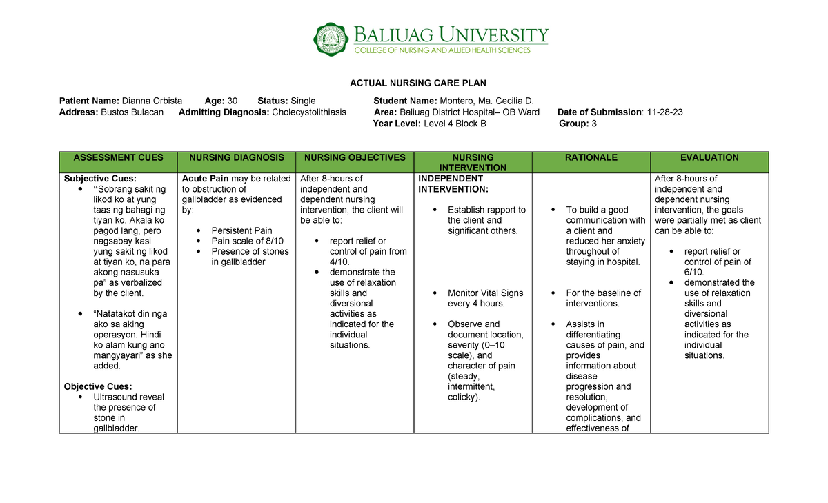 OB-WARD-NCP: Nursing Care Plan for Cholecystolithiasis Patient - Studocu