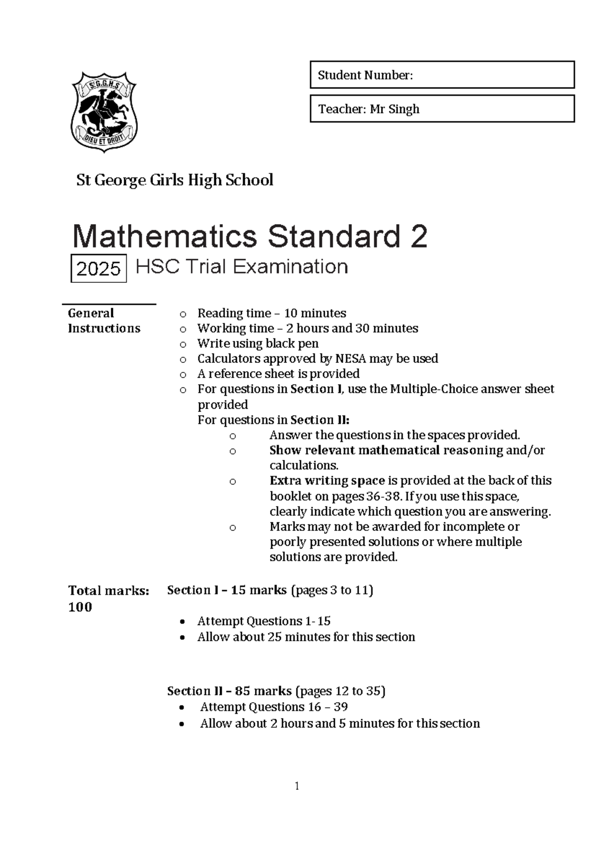 St George Girls High School 2025 HSC Trial Mathematics Exam Solutions ...