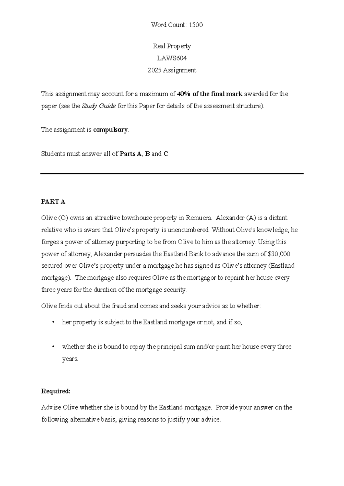 Real Property LAWS604 2025 Assignment: Encumbrances & Covenants ...