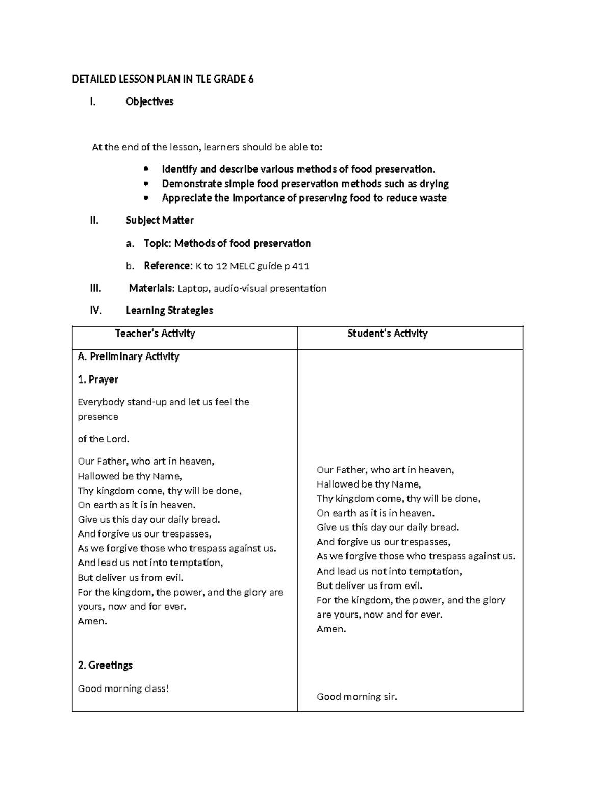 DETAILED LESSON PLAN IN TLE GRADE 6: FOOD PRESERVATION METHODS - Studocu