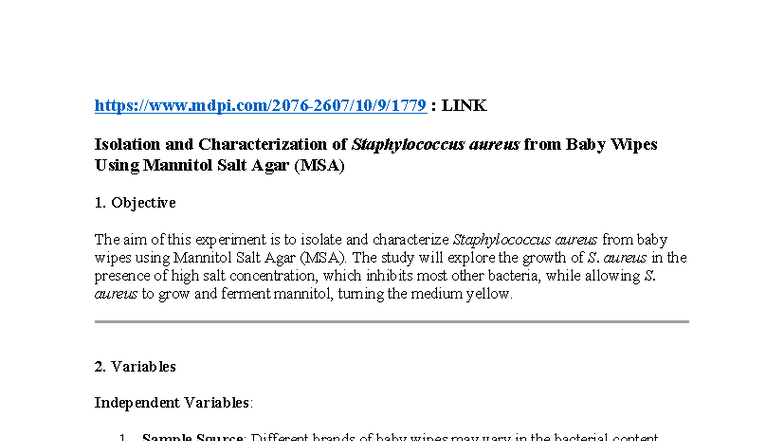 Isolation and Characterization of Staphylococcus aureus in Ba Wipes ...