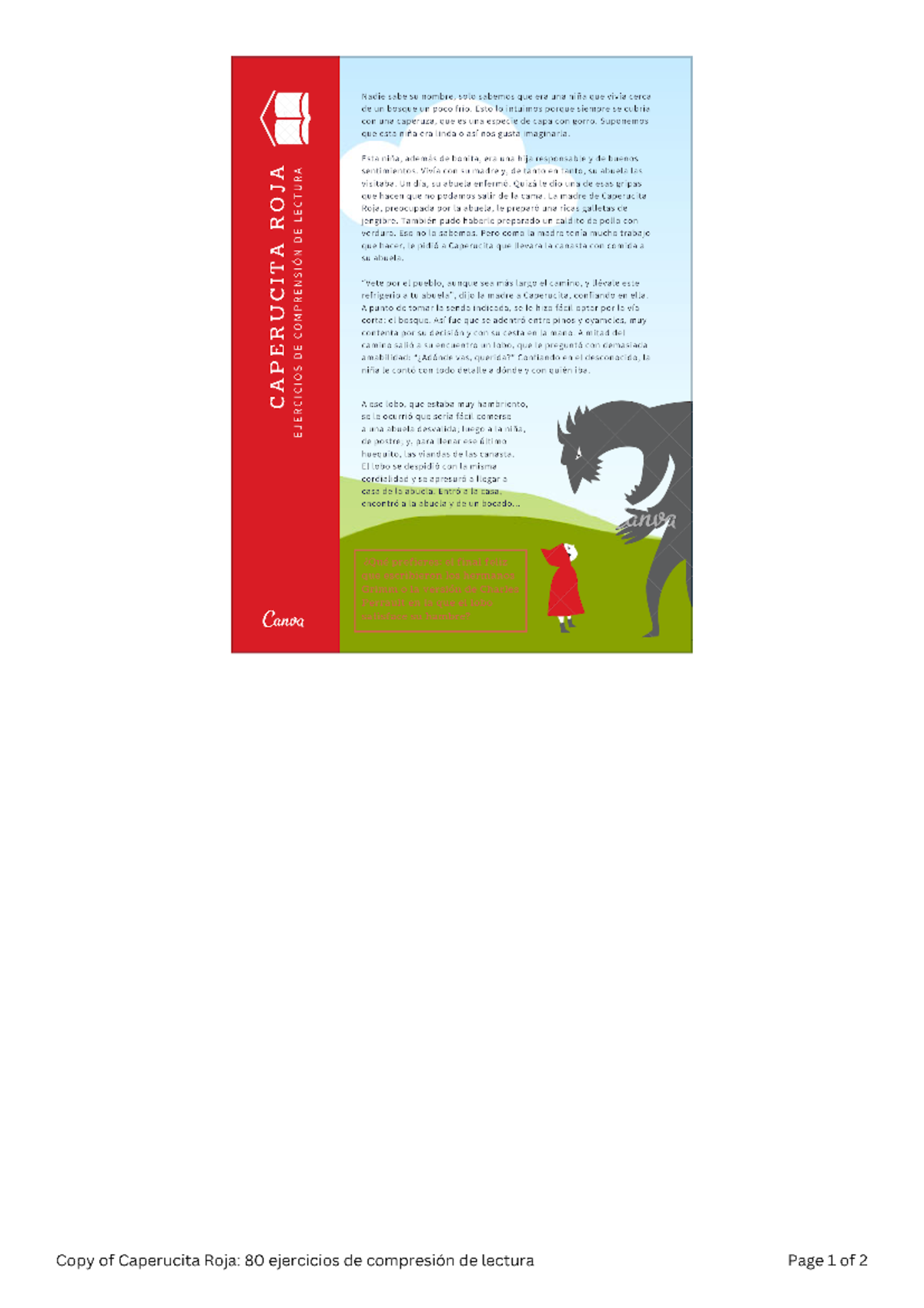 Caperucita Roja: 80 Ejercicios de Comprensión de Lectura - Studocu