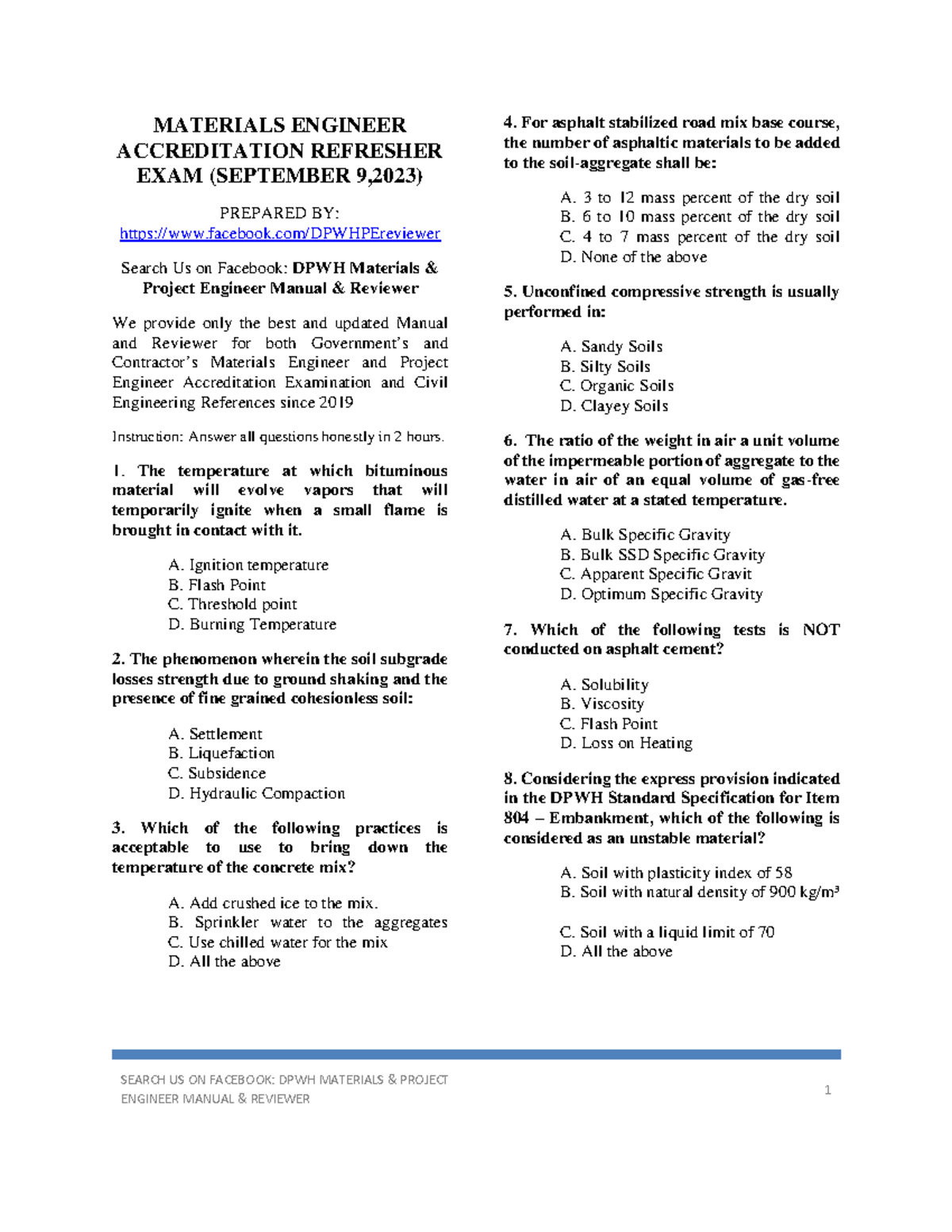 Materials Engineer Refresher Exam (September 9,2023) - SEARCH US ON FACEBOOK: DPWH MATERIALS ...