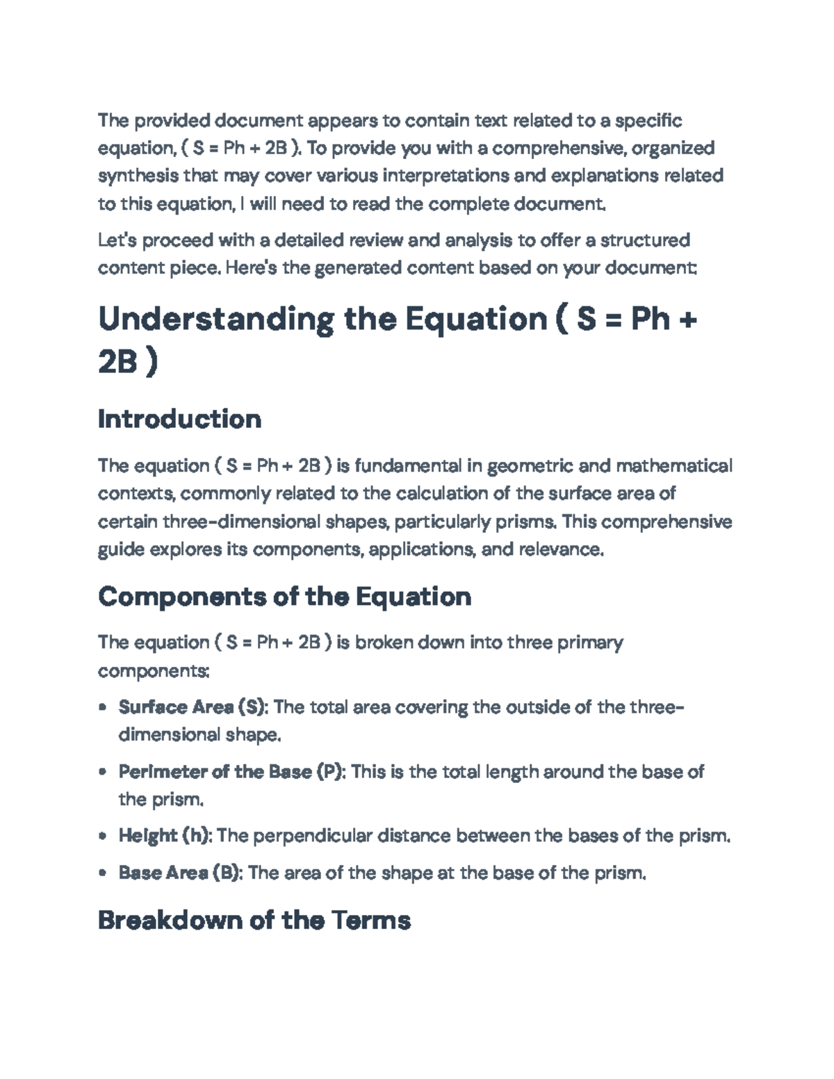 Understanding the Surface Area Formula for Prisms: Equation S = Ph + 2B ...