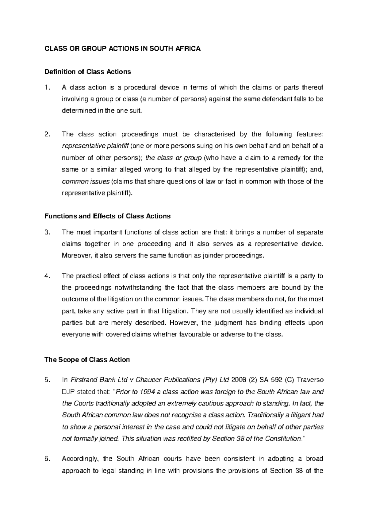 Class Action - Lecture Notes on Group Actions in SA Law - Studocu