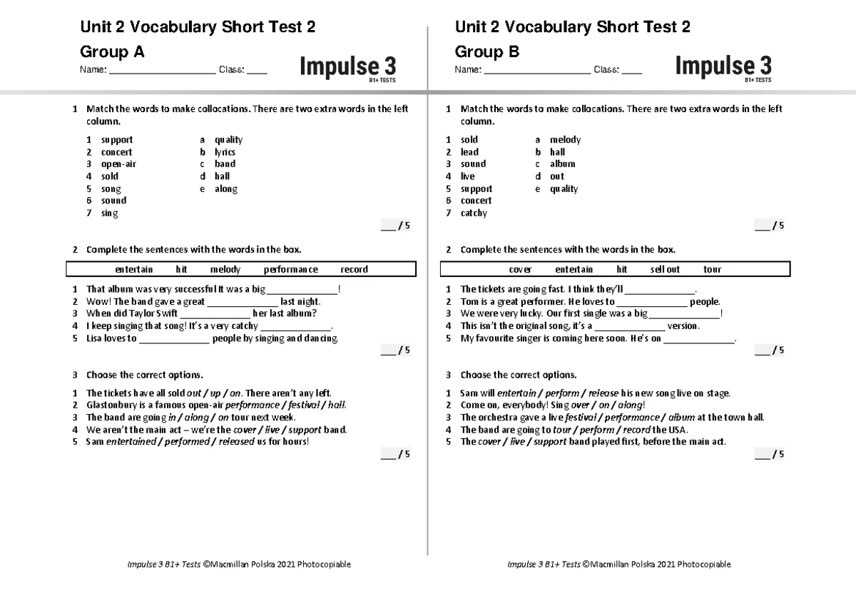Unit 2 Vocabulary Short Test A & B - Impulse 3 B1+ - Studocu