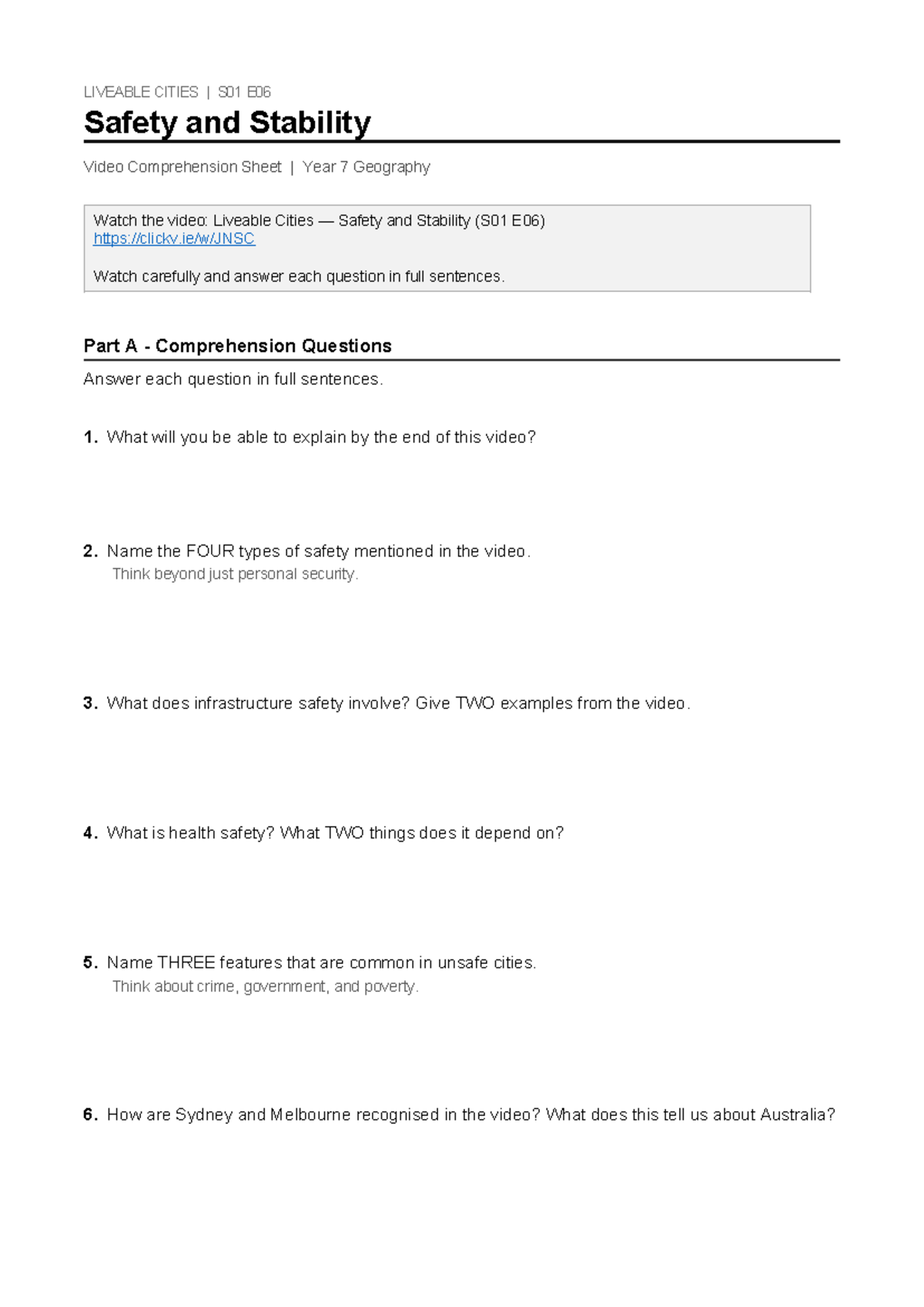 Safety and Stability Worksheet for Year 7 Geography (S01 E06) - Studocu