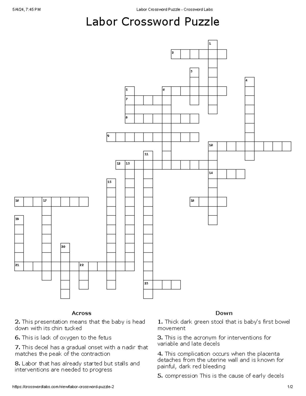 Labor Crossword Puzzle: Key Terms & Concepts in Obstetrics - Studocu