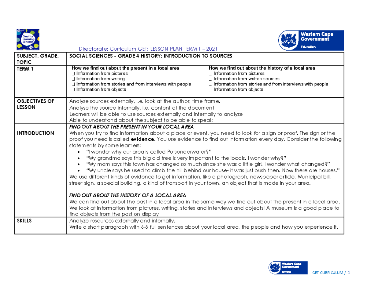 Grade 4 SS History Lesson Plan: Introduction to Local Sources T1 W3 ...
