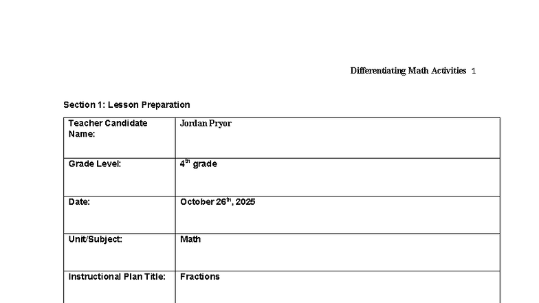 Differentiating Math Activities: 4th Grade Fractions Lesson Plan - Studocu