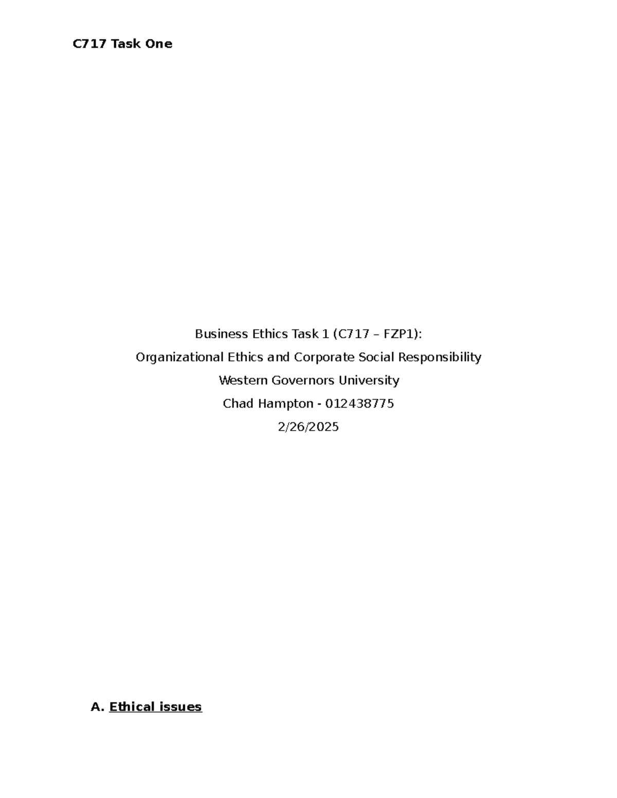 C717 Business Ethics Task 1: Organizational Ethics & CSR Analysis - Studocu