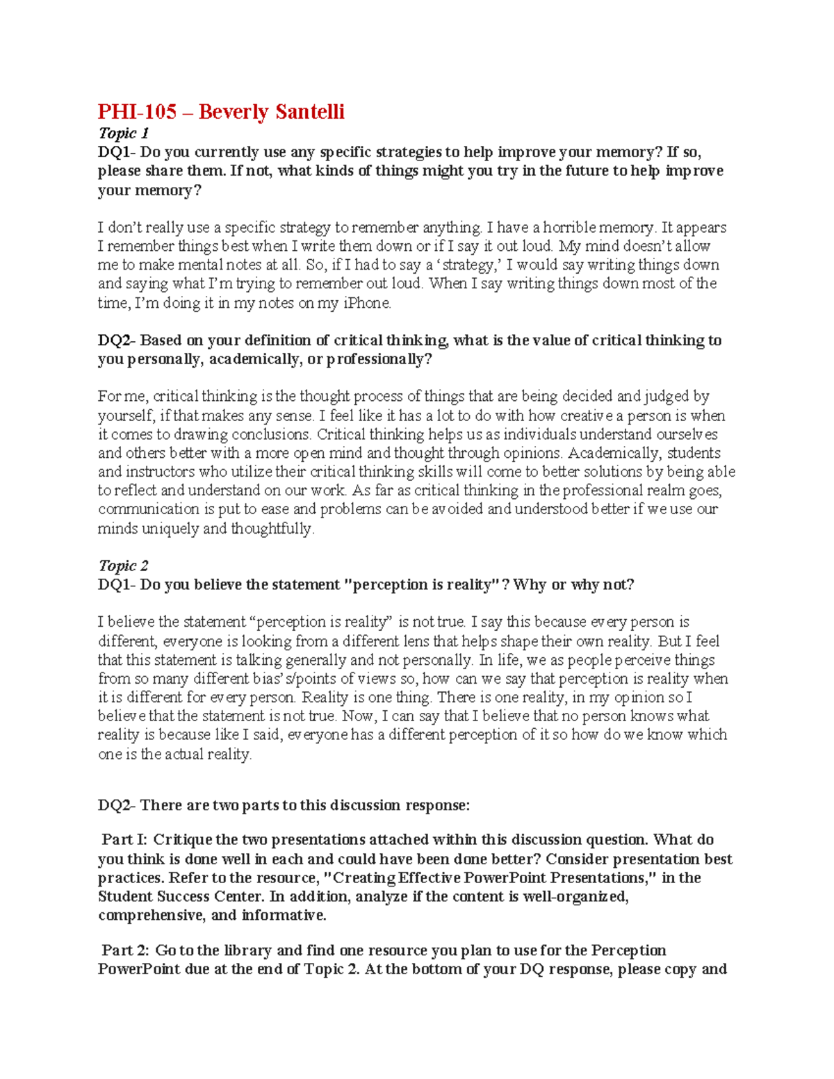 PHI-105 Discussion Questions and Reflections on Critical Thinking - Studocu