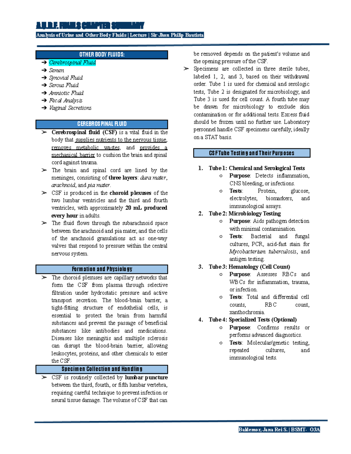 A.U.B.F. FINALS CHAPTER SUMMARY: Analysis of Body Fluids Lecture by Sir ...