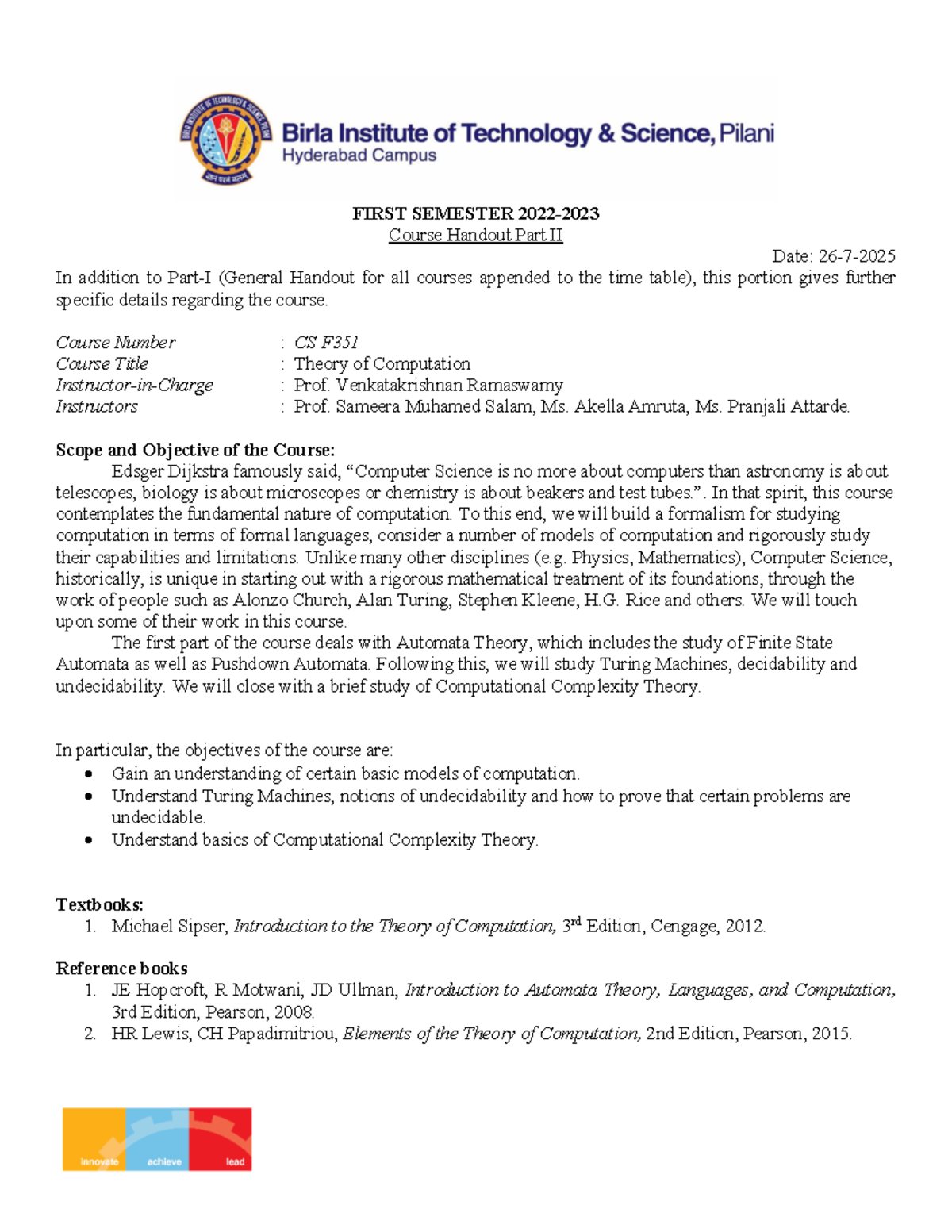 CS F351 Theory of Computation Course Handout Part II - Studocu