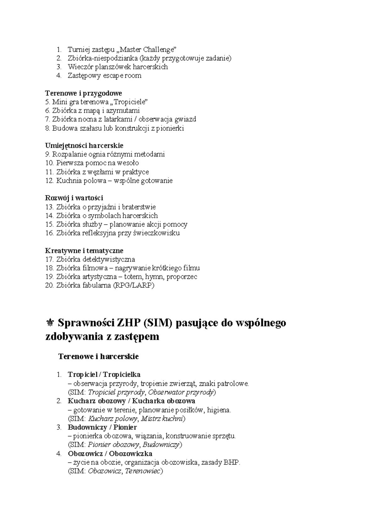 Dokumenty do zbiórek ZHP: Pomysły, Sprawności i Próby - Studocu