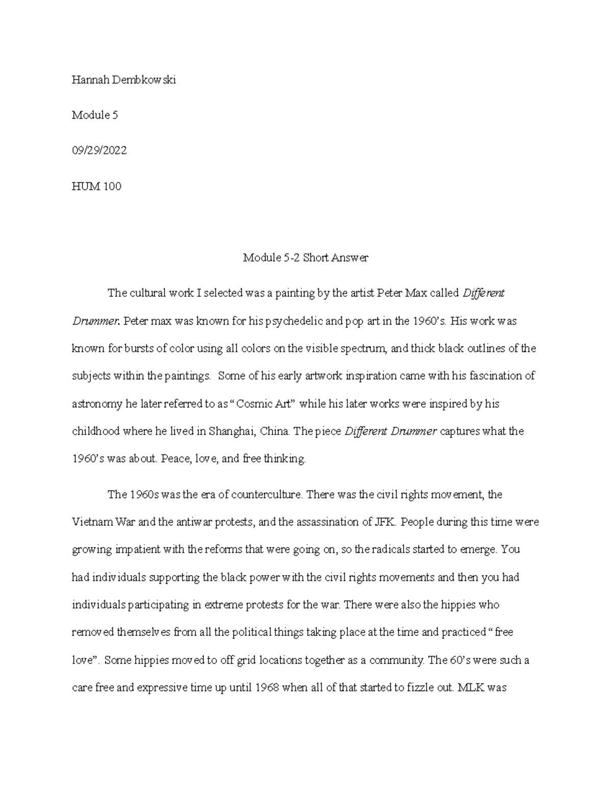 HUM 100 mod 5-2 HD - module 5 assignment - Hannah Dembkowski Module 5 ...