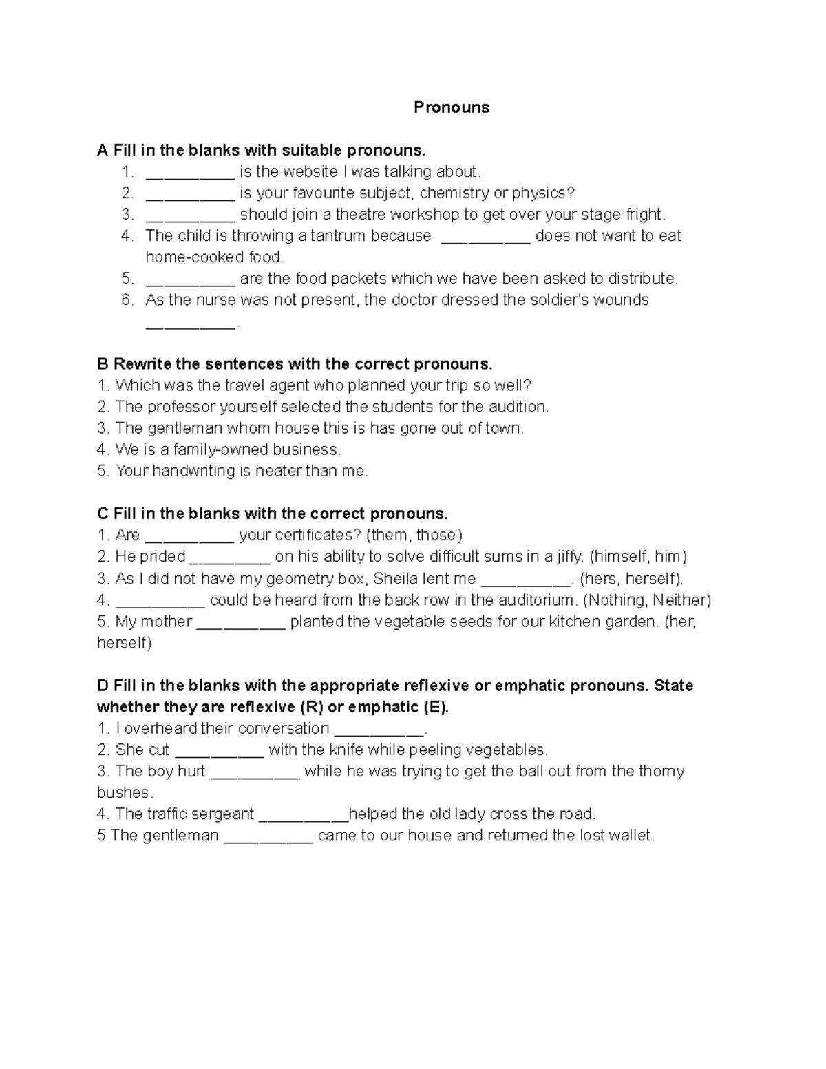 Pronouns Practice - Fill in the Blanks & Rewrite Sentences - Studocu