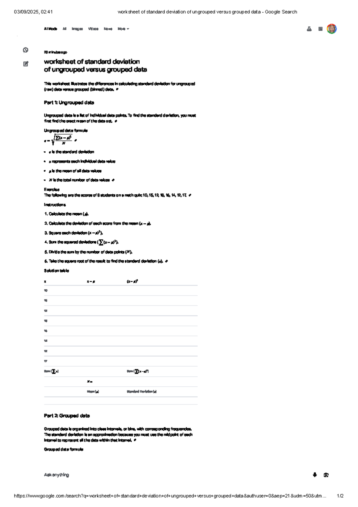 02:41 Worksheet on Standard Deviation: Ungrouped vs Grouped Data - Studocu