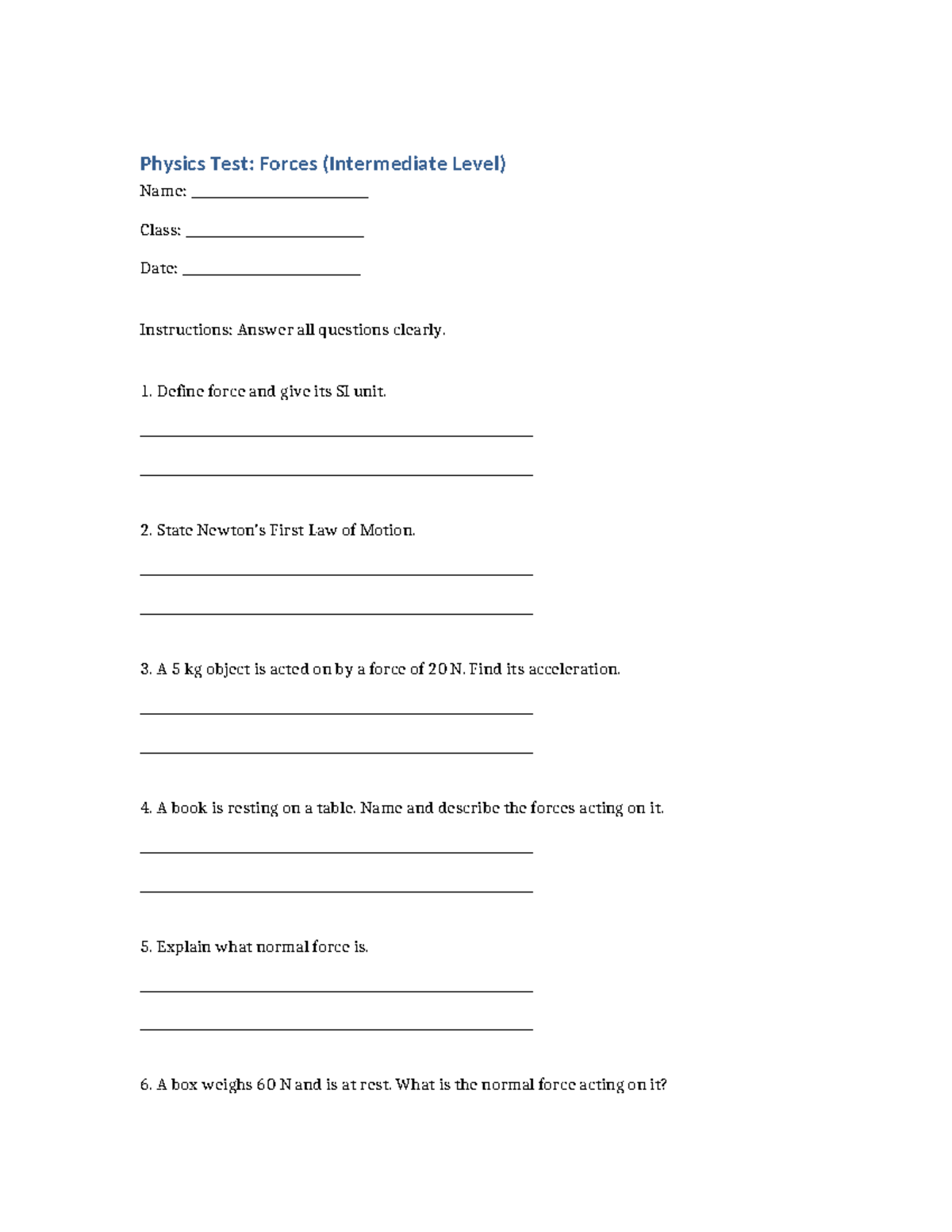 Forces Exam: Physics Test (Intermediate Level) - Studocu