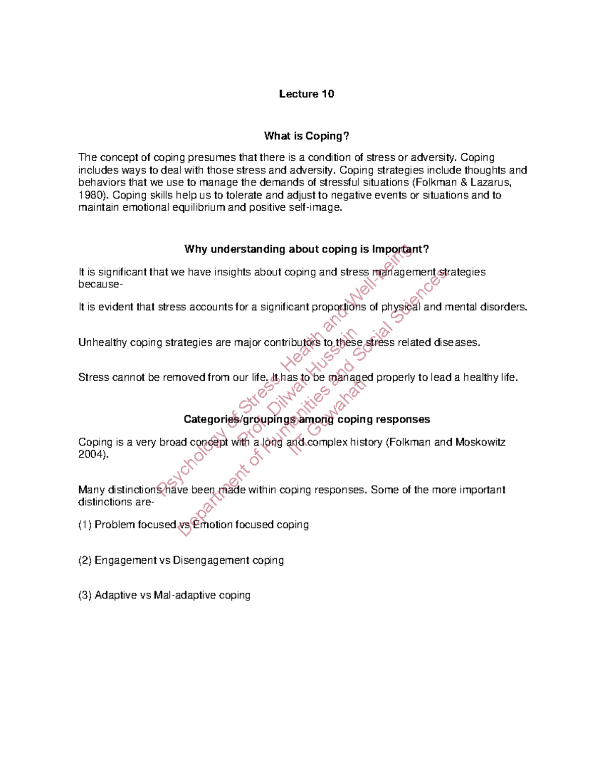 Lecture 10: Understanding Coping Strategies and Their Importance in ...