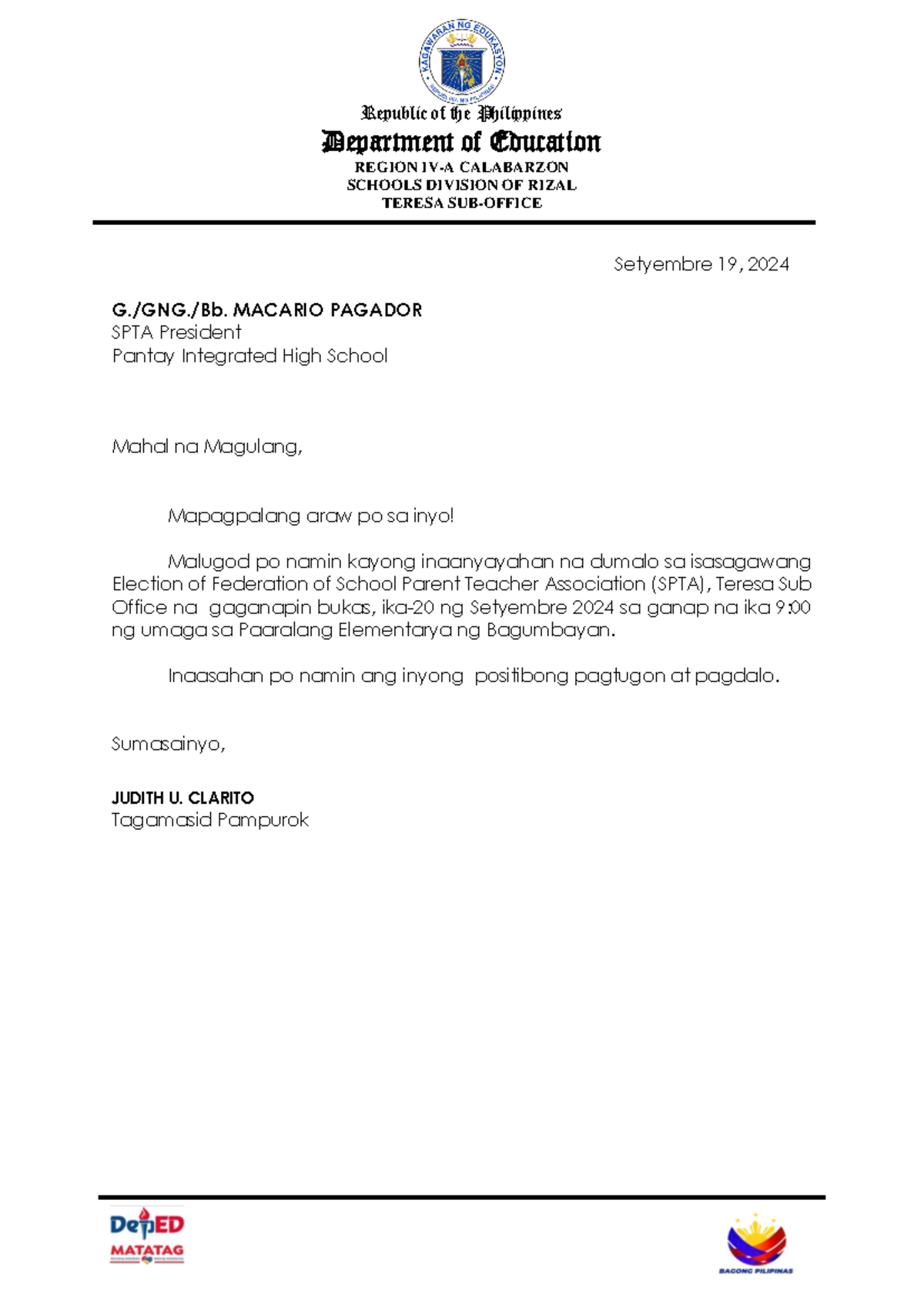 Liham Paanyaya-pdf - PAANYAYA SAMPLE - Department of Education REGION ...