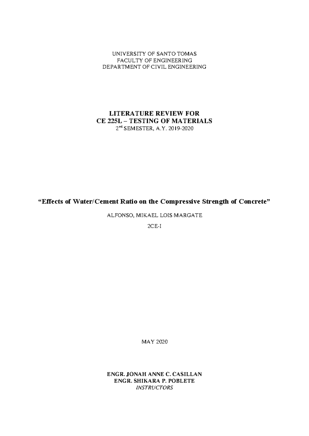 Literature Review on the effects of water/cement ratio inn the ...