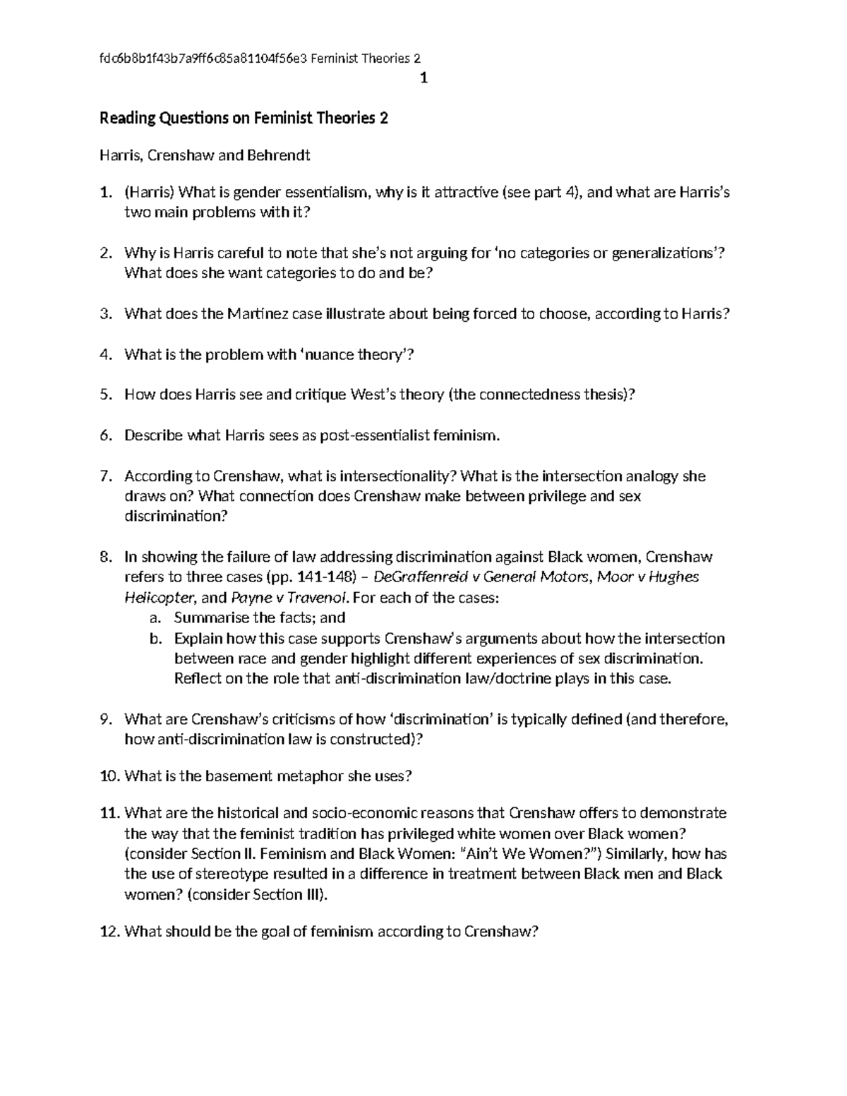 FEM105: Reading Questions & Insights on Feminist Theories 2 - Studocu