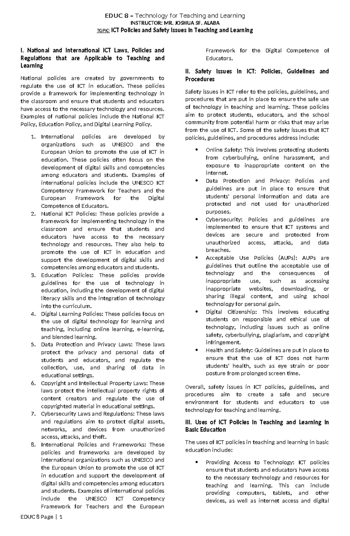 EDUC 8 Topic 2: ICT Policies & Safety in Teaching & Learning - Studocu
