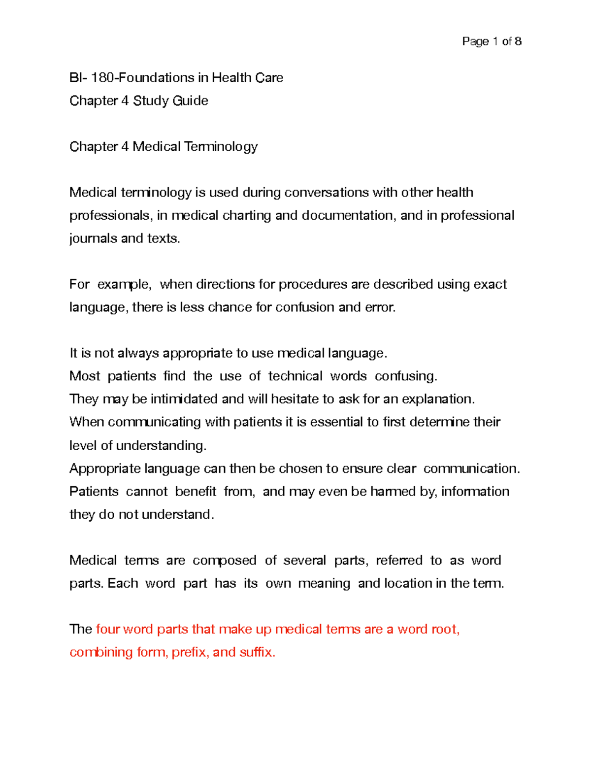 BI-180 Foundations in Health Care Chapter 4 Medical Terminology Guide ...