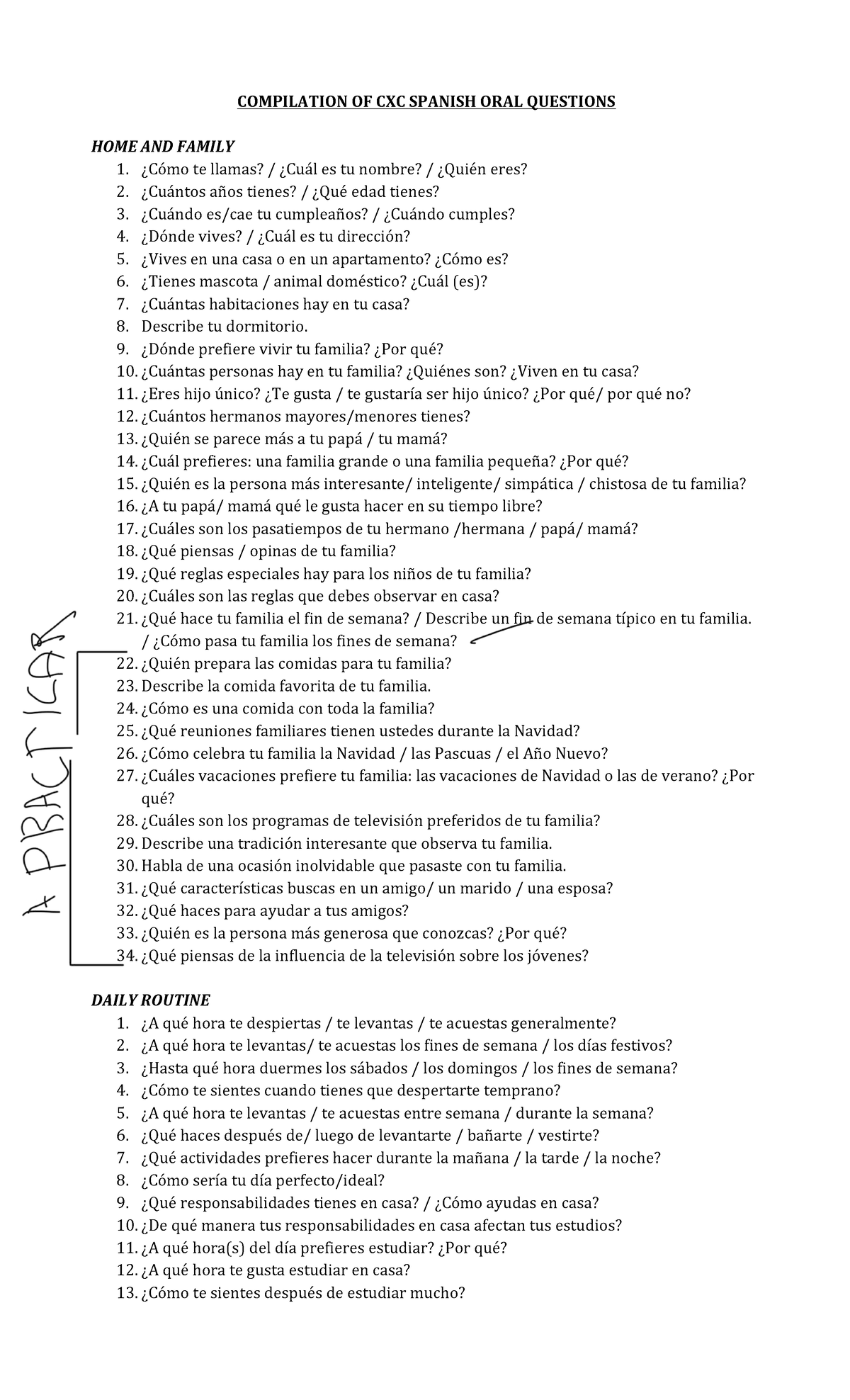 CXC Spanish Oral Questions Compilation: Home, Family, Daily Routine ...